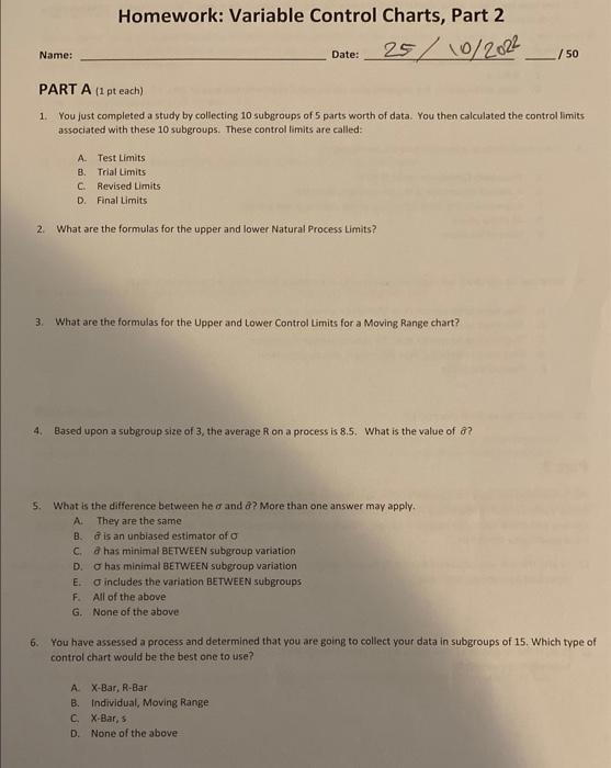 Solved Homework: Variable Control Charts, Part 2 Name: Date: | Chegg.com