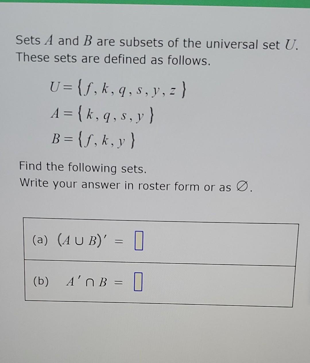 Solved Sets A and B are subsets of the universal set U. | Chegg.com