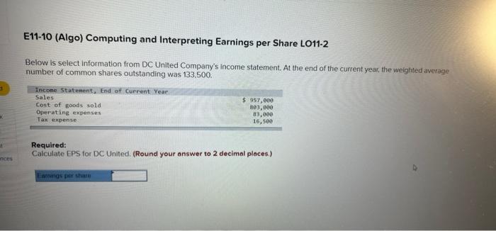 Solved E11-10 (Algo) Computing and Interpreting Earnings per | Chegg.com
