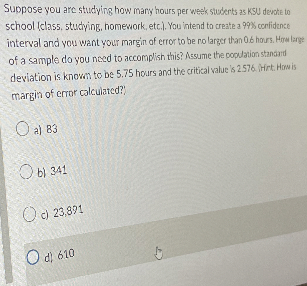 Solved Suppose you are studying how many hours per week | Chegg.com