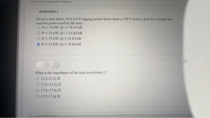 Solved Given a load draws 10 A at 0.8 lagging power factor | Chegg.com