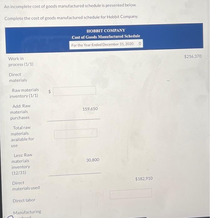 Solved An incomplete cost of goods manufactured schedule is | Chegg.com