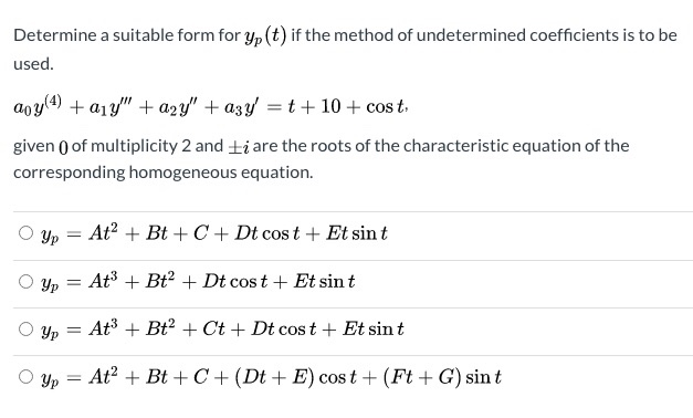 Solved Determine a suitable form for yp(t) if the method of | Chegg.com