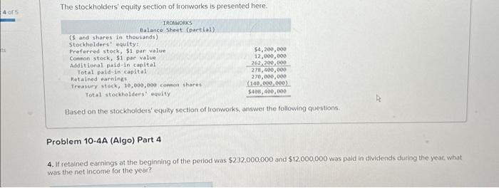Solved Problem 10-4A (Algo) Analyze the stockholders' equity | Chegg.com