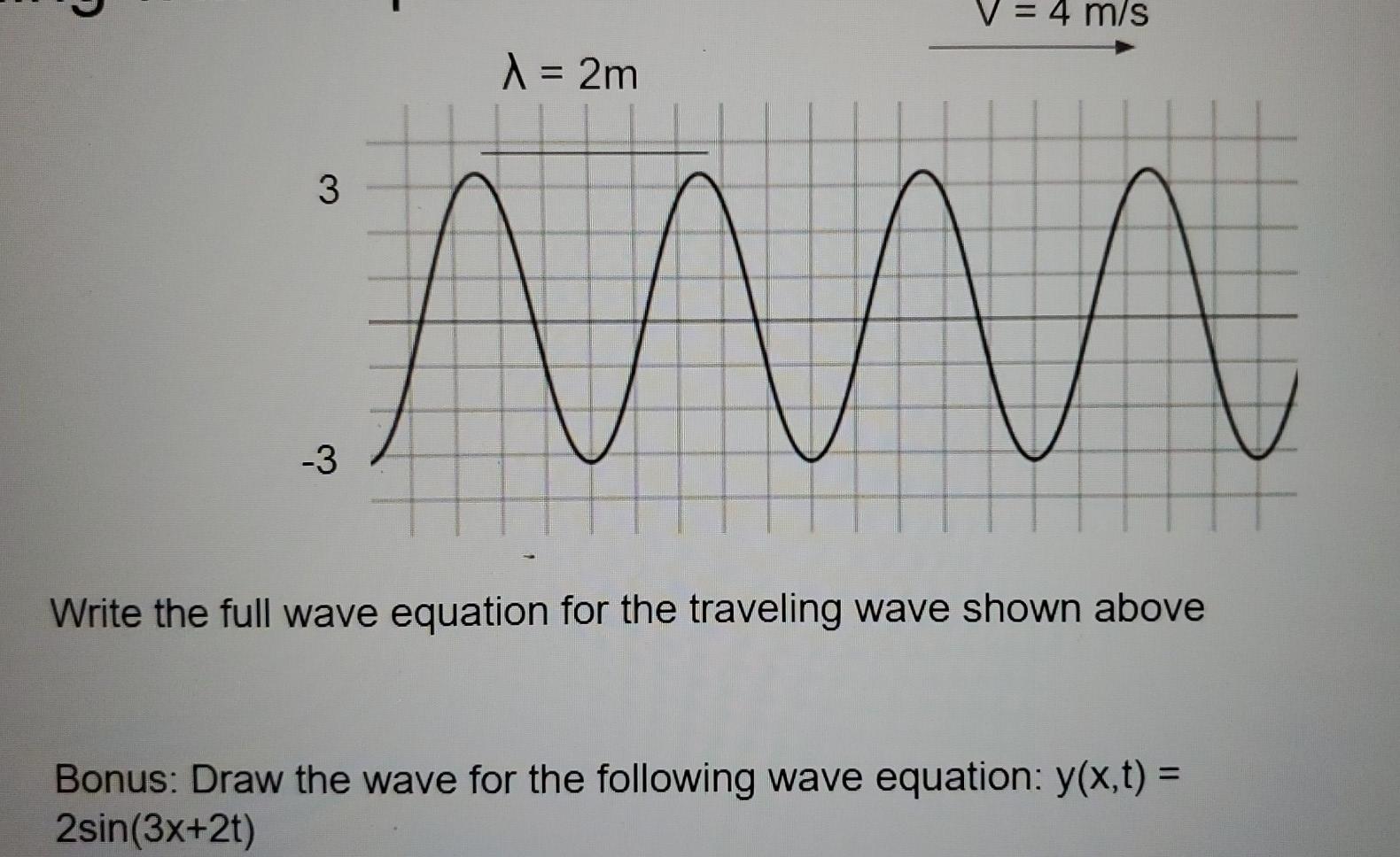 Solved = 4 m/s A = 2m 3 v -3 Write the full wave equation | Chegg.com