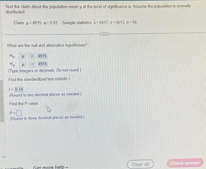 Solved Test the claim about the population mean μ at the | Chegg.com