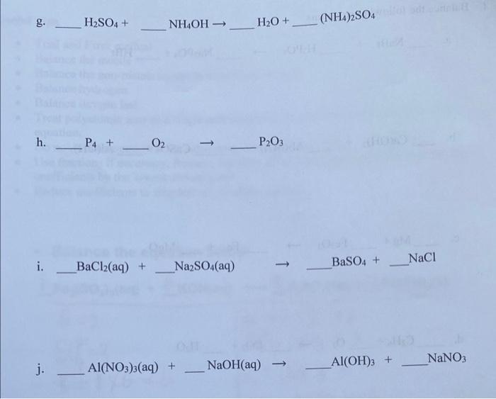 Solved g. H2SO4+ NH4OH→H2O+ (NH4)2SO4 P4+O2→P2O3 | Chegg.com