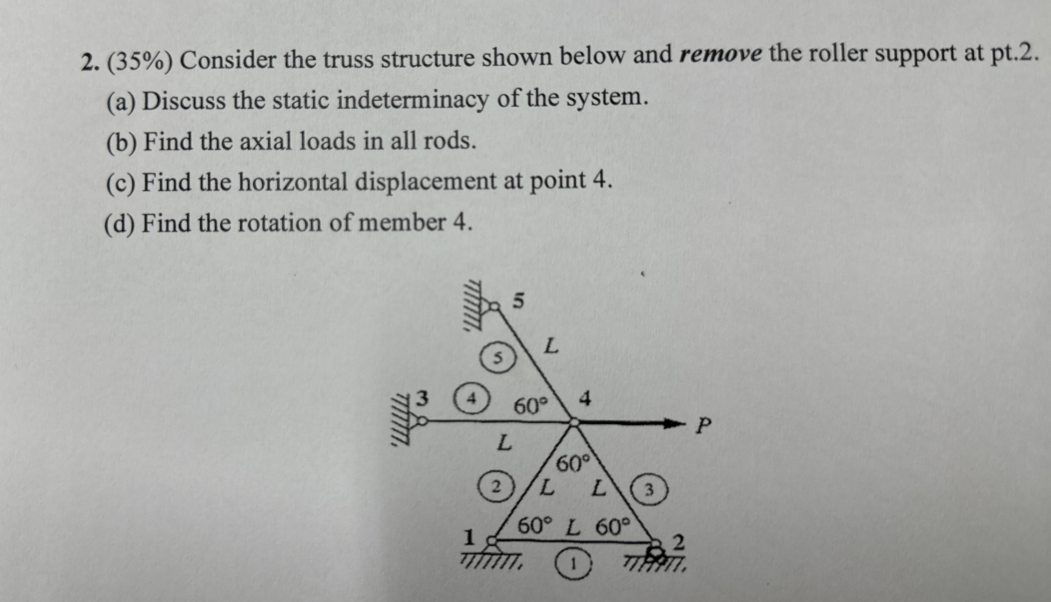 Solved (35%) ﻿Consider the truss structure shown below and | Chegg.com