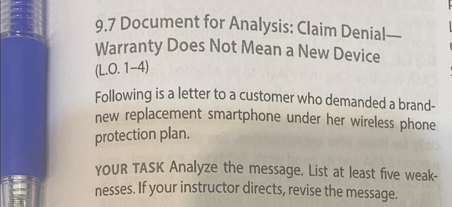 Solved 9.7 ﻿Document for Analysis: Claim DenialWarranty Does | Chegg.com