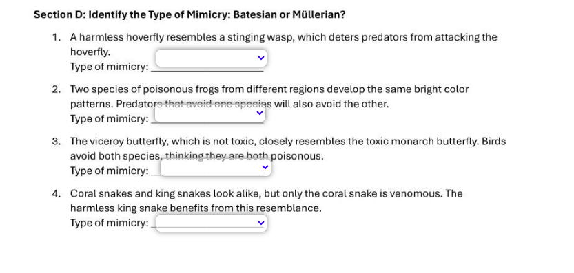Solved Section D: Identify the Type of Mimicry: Batesian or | Chegg.com