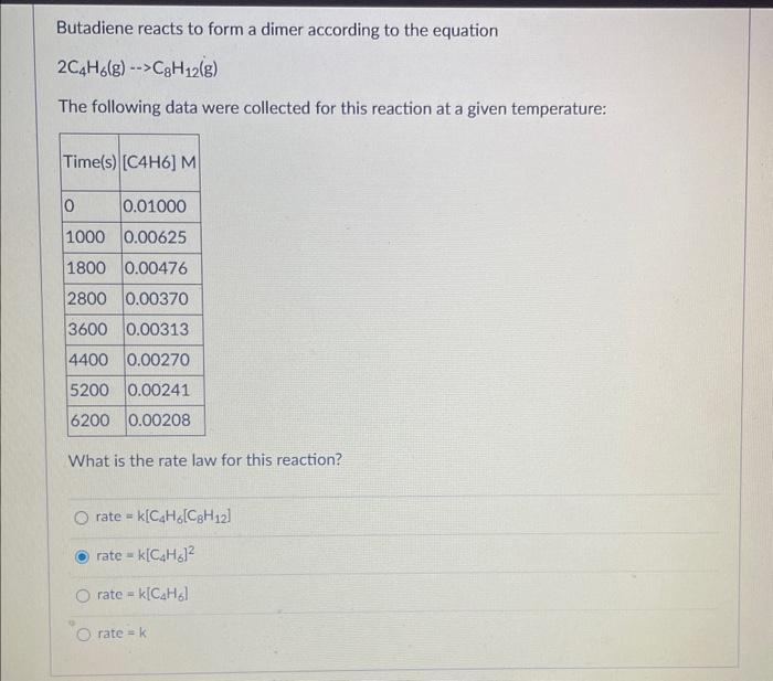 Solved Butadiene reacts to form a dimer according to the | Chegg.com