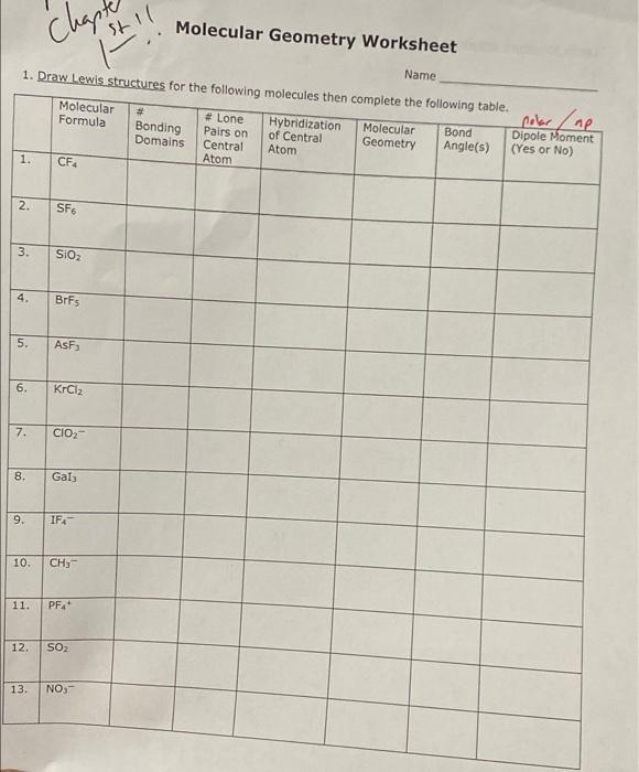 Solved Chapte Molecular Geometry Worksheet (st!! Name 1. | Chegg.com
