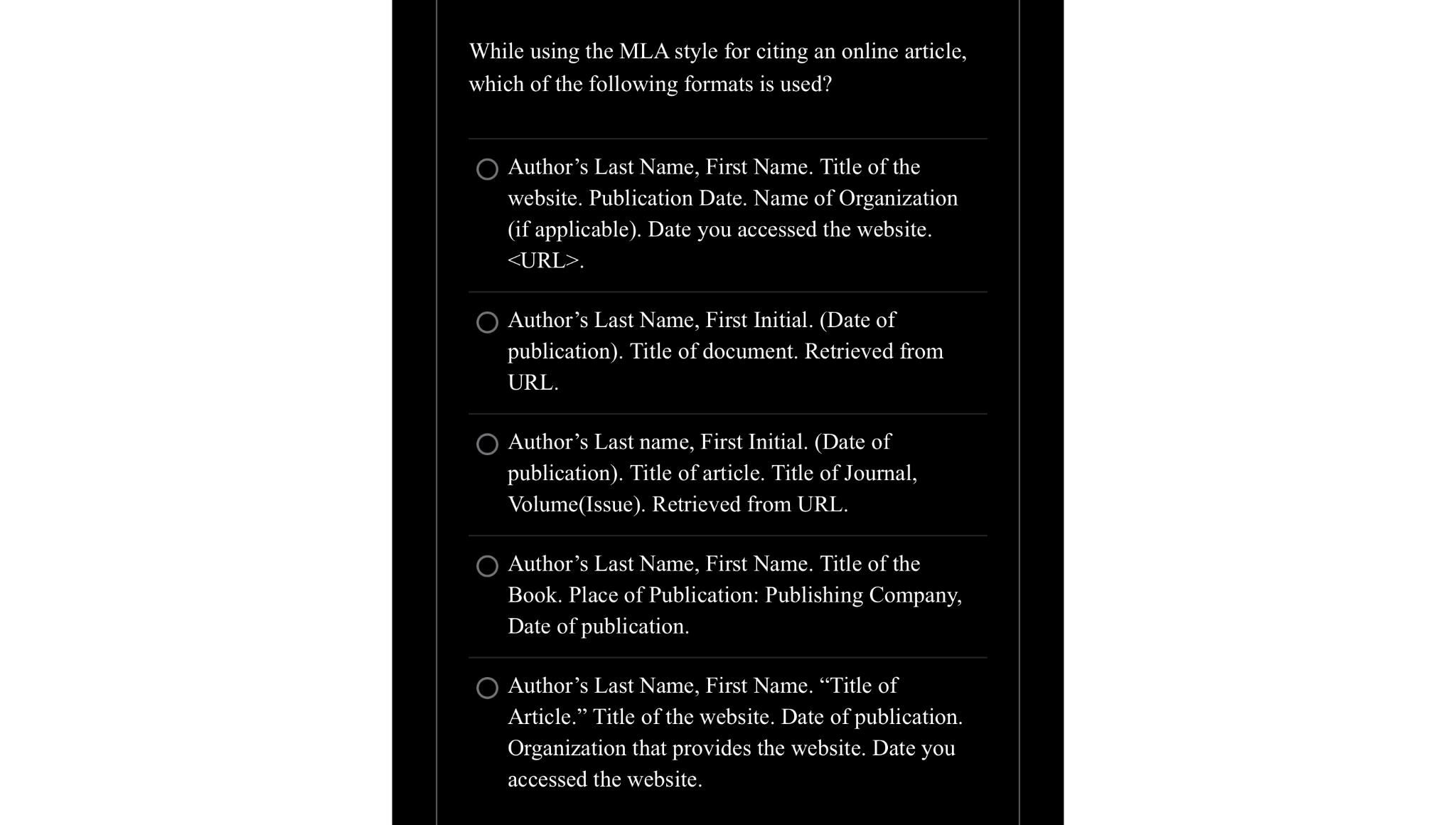 Solved While using the MLA style for citing an online | Chegg.com