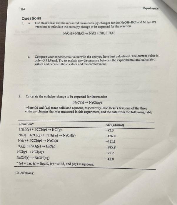 Solved Thermochemistry and Hoas's Law 121 Student name: | Chegg.com