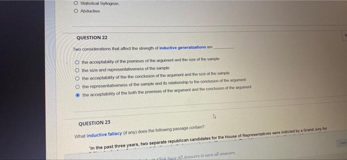 Solved O Statistical Syllogism Abductive QUESTION 22 Two | Chegg.com