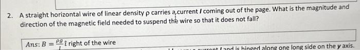 Solved 2. A straight horizontal wire of linear density ρ | Chegg.com