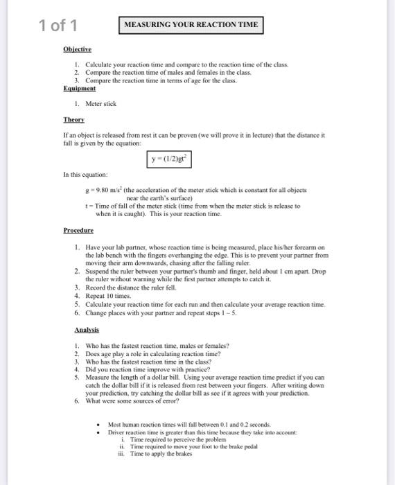 Solved 1 of 1 MEASURING YOUR REACTION TIME Objective I. | Chegg.com