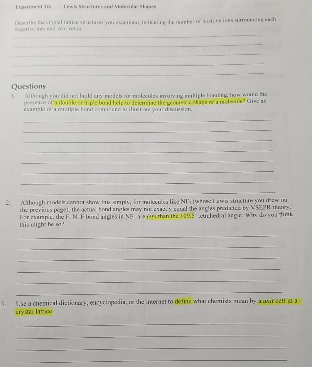 Solved Experiment 18 Lewis Structures And Molecular Shapes