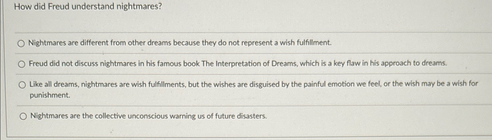 Solved How did Freud understand nightmares?Nightmares are | Chegg.com