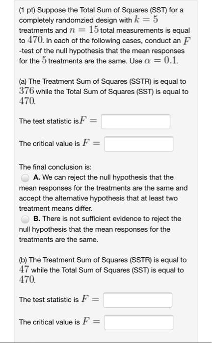 Solved (1 pt) Suppose the Total Sum of Squares (SST) for a | Chegg.com