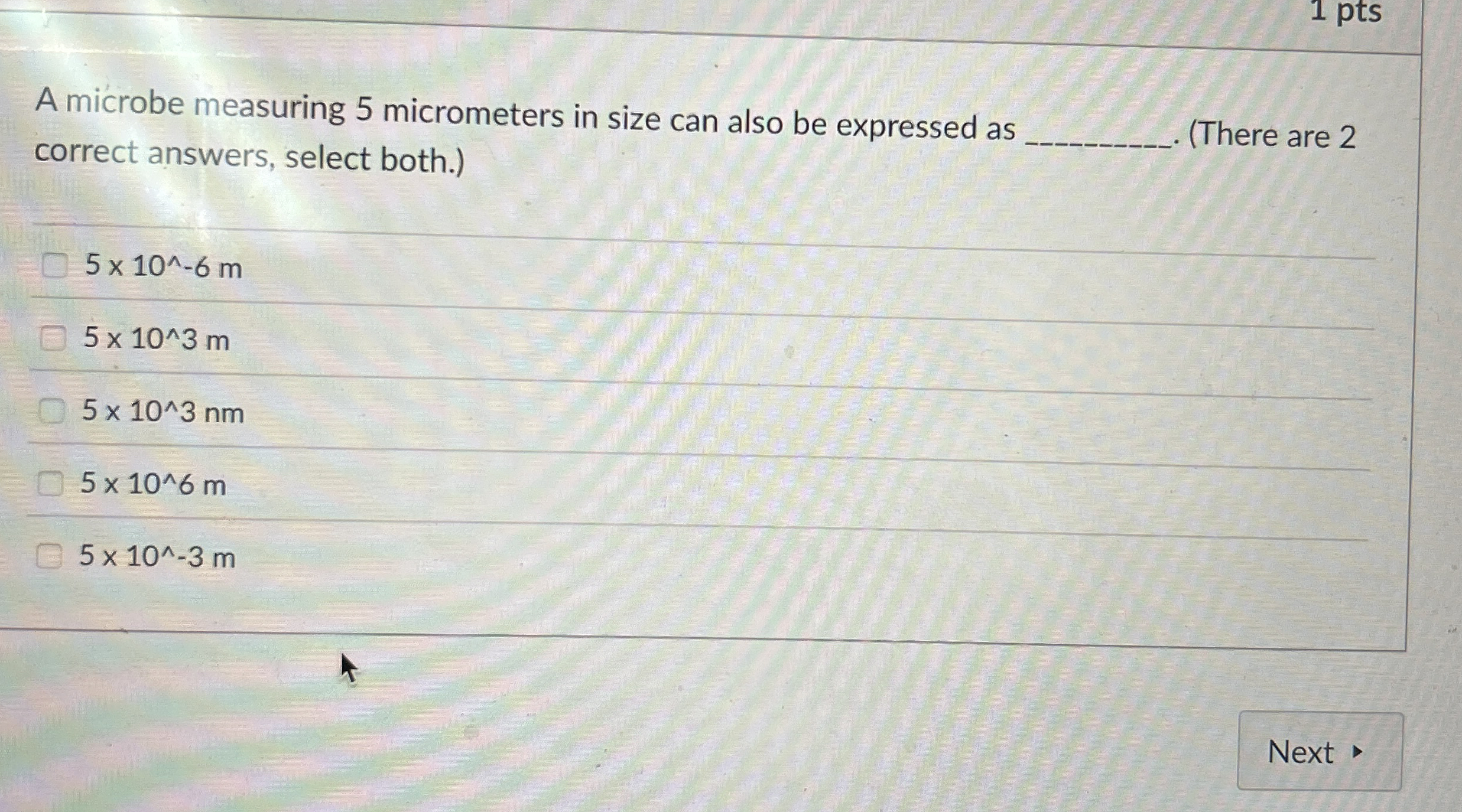 Solved 1 ﻿ptsA microbe measuring 5 ﻿micrometers in size can | Chegg.com
