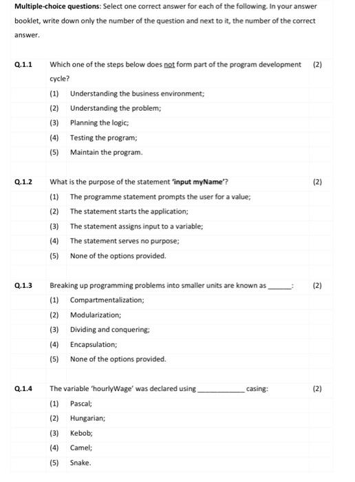 Solved Multiple-choice questions: Select one correct answer | Chegg.com