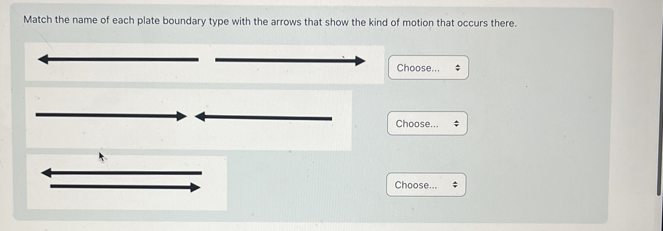 Solved Match the name of each plate boundary type with the | Chegg.com