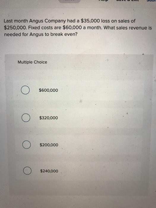 Solved Last month Angus Company had a $35,000 loss on sales | Chegg.com