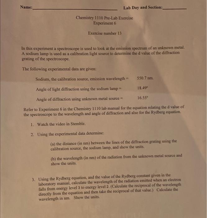 Solved Name: Chemistry 1110 Pre-Lab Exercise Experiment 6 | Chegg.com