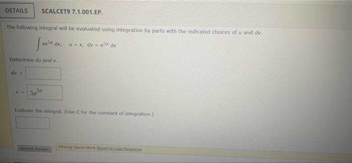 Solved DETAILS SCALCET9 7.1.001.EP. The following integral | Chegg.com