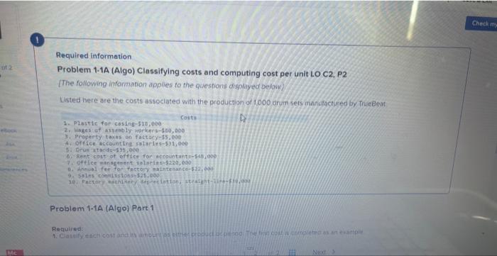 Solved Required information Problem 1-1A (Algo) Classifying | Chegg.com