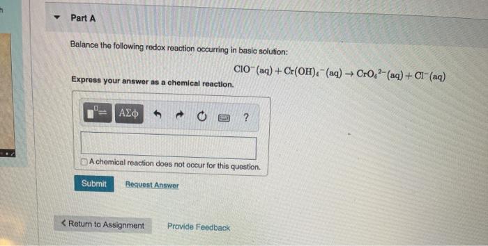 Solved Part A Balance the following redox reaction occurring | Chegg.com