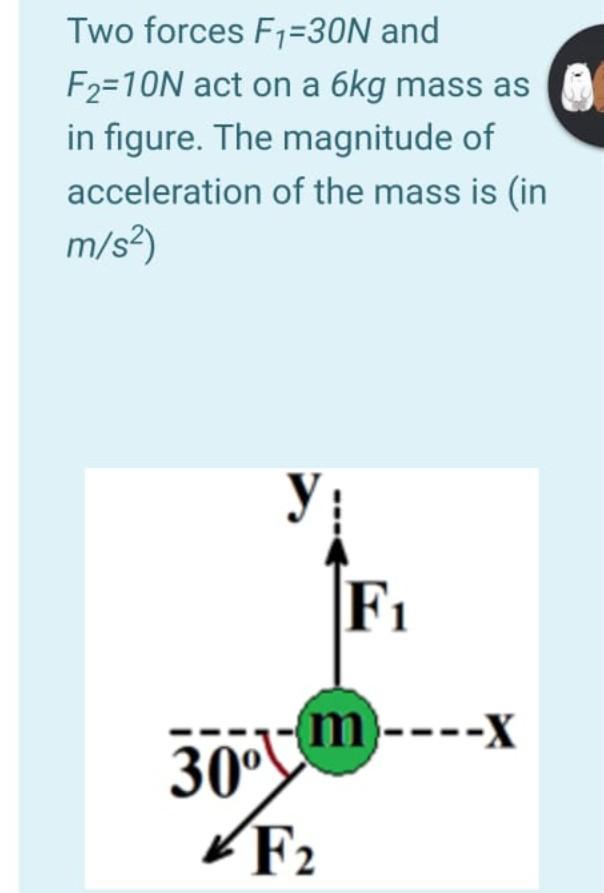 Solved Two forces F1=30N and F2=10N act on a 6kg mass as in | Chegg.com