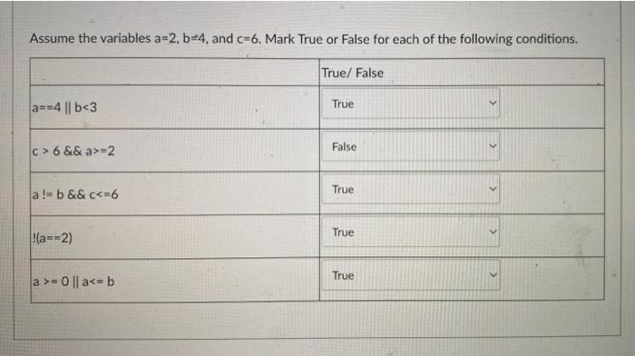 Solved Assume the variables a=2,b=4, and c=6. Mark True or | Chegg.com