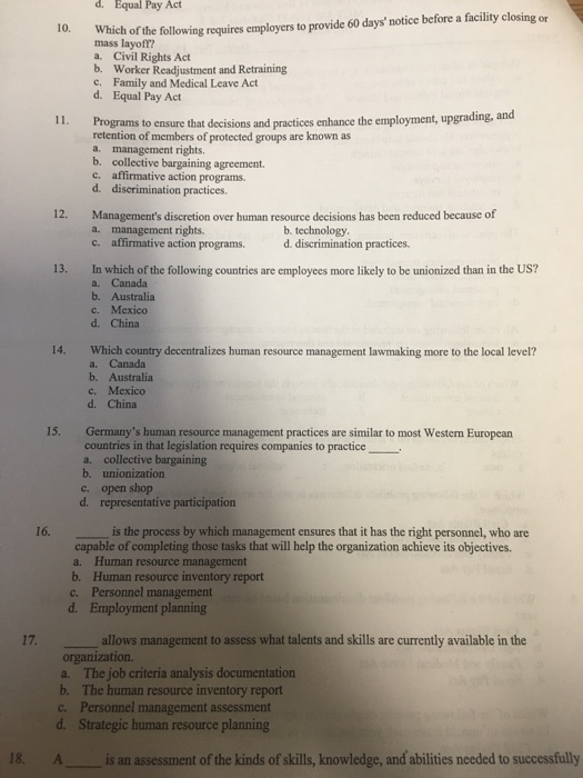 Solved 10. d. Equal Pay Act Which of the following requires | Chegg.com