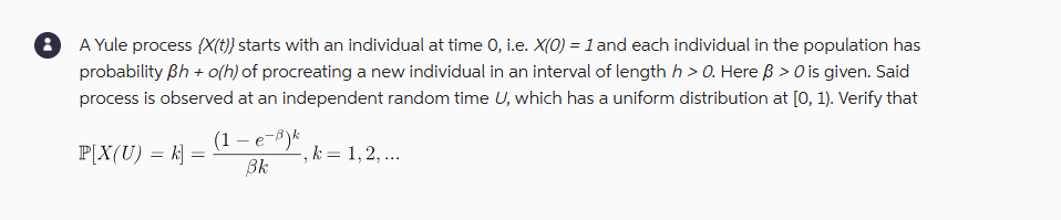 Solved (8) ﻿A Yule process {x(t)} ﻿starts with an individual | Chegg.com