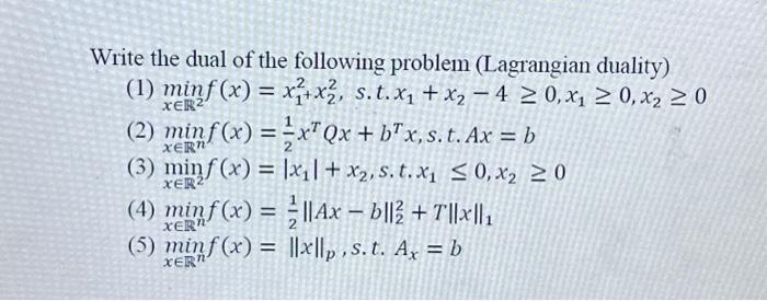 Solved Write the dual of the following problem (Lagrangian | Chegg.com