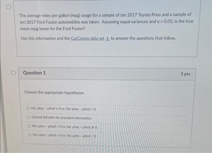 Solved The average miles per gallon (mpg) usage for a sample | Chegg.com
