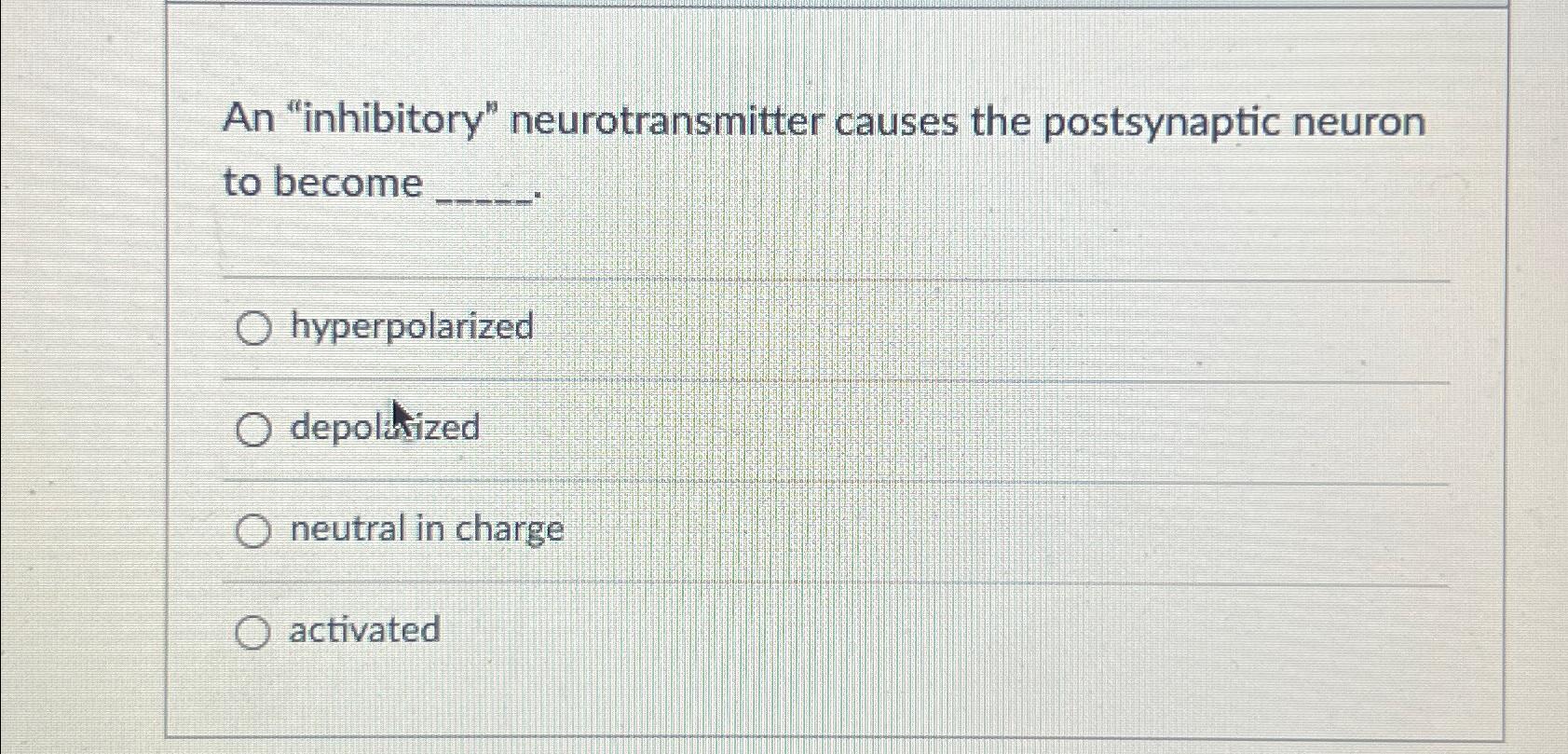 Solved An "inhibitory" neurotransmitter causes the | Chegg.com
