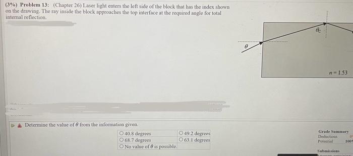 Solved (3\%) Problem 13: (Chapter 26) Laser light enters the | Chegg.com