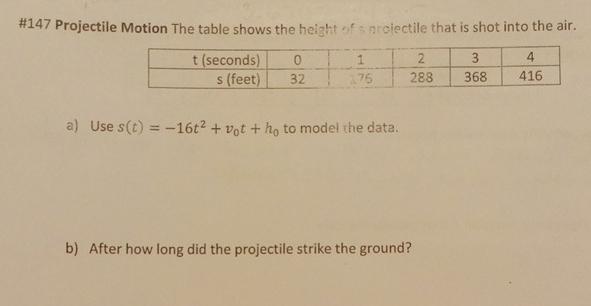 Solved #147 ﻿Projectile Motion The table shows the helght of | Chegg.com