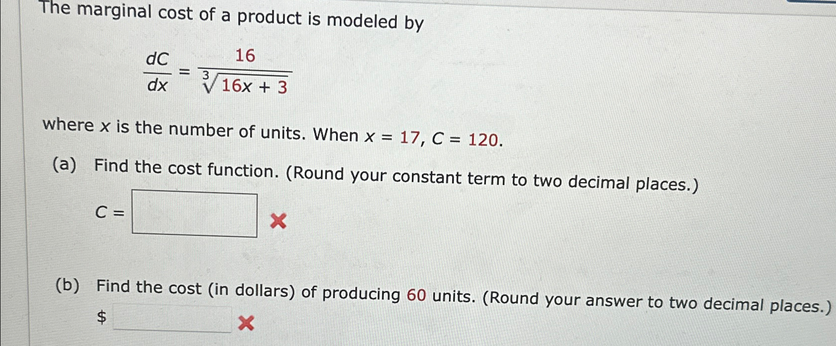Solved The marginal cost of a product is modeled | Chegg.com