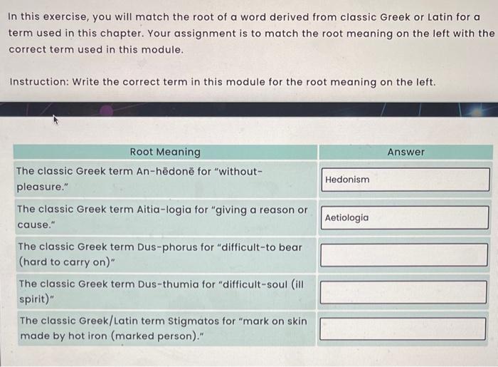 Solved In this exercise, you will match the root of a word | Chegg.com