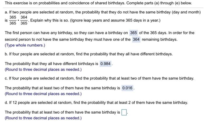 Solved This exercise is on probabilities and coincidence of | Chegg.com
