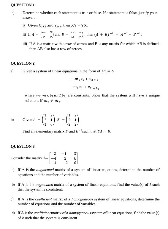 Solved QUESTION 2a) ﻿Given a system of linear equations in | Chegg.com