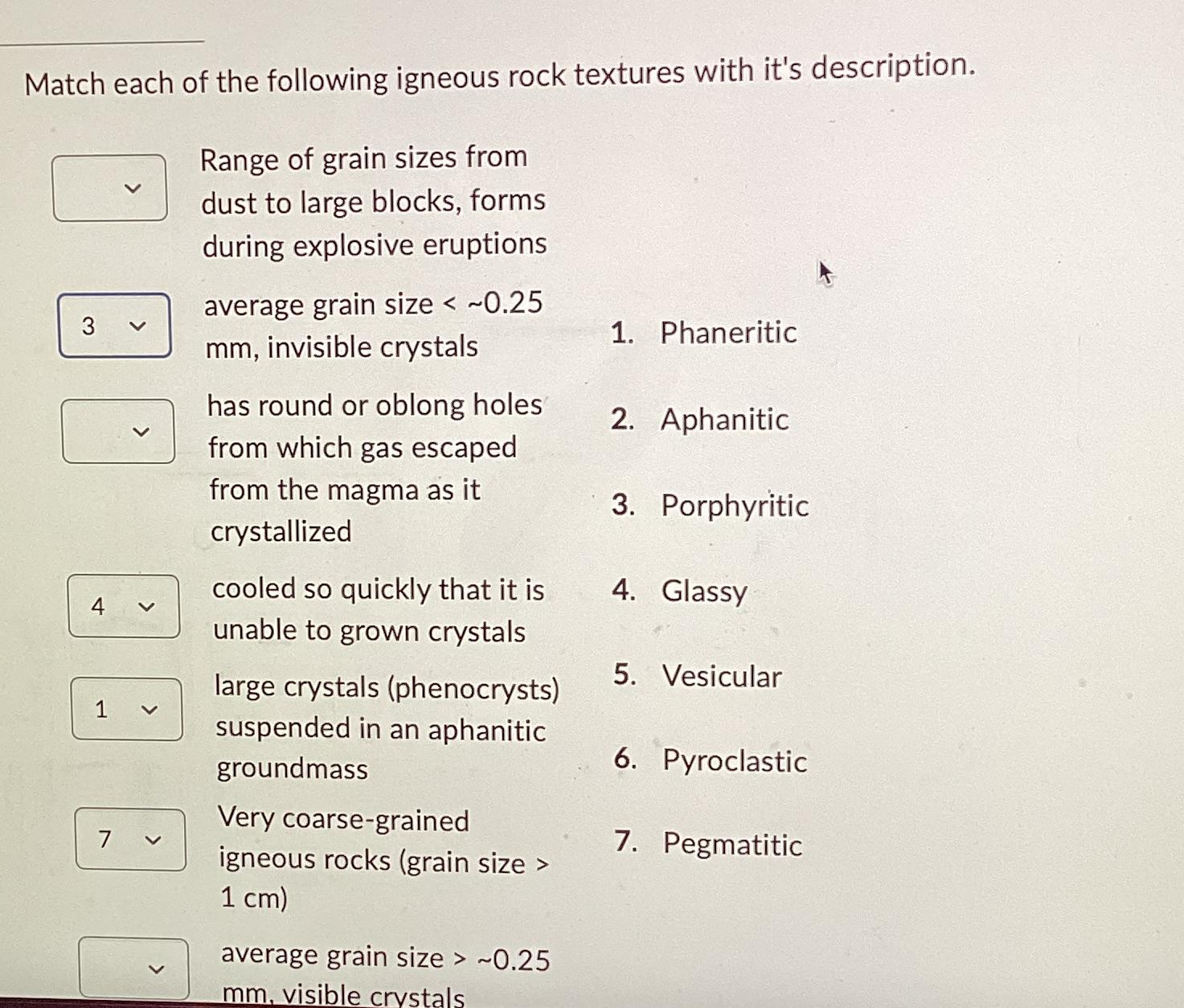 Solved Match each of the following igneous rock textures | Chegg.com
