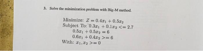 Solved 3. Solve the minimization problem with Big-M method. | Chegg.com