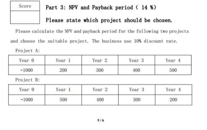 Solved Part 3: NPV and Payback period ( 14%) Please state | Chegg.com