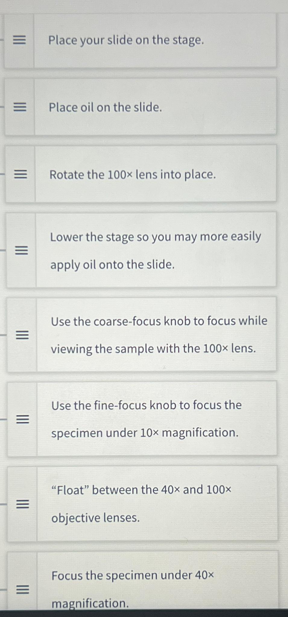 Solved Place your slide on the stage.Rotate the 100× ﻿lens | Chegg.com