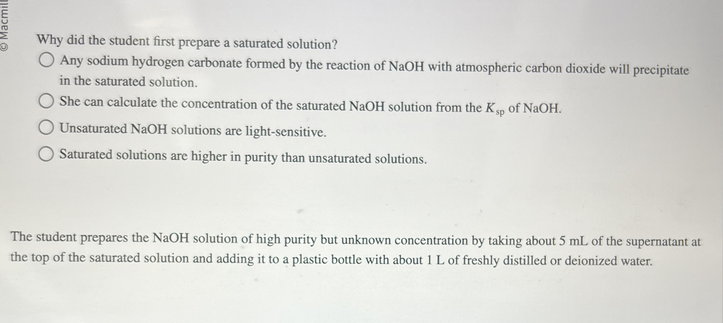 Solved Why did the student first prepare a saturated | Chegg.com